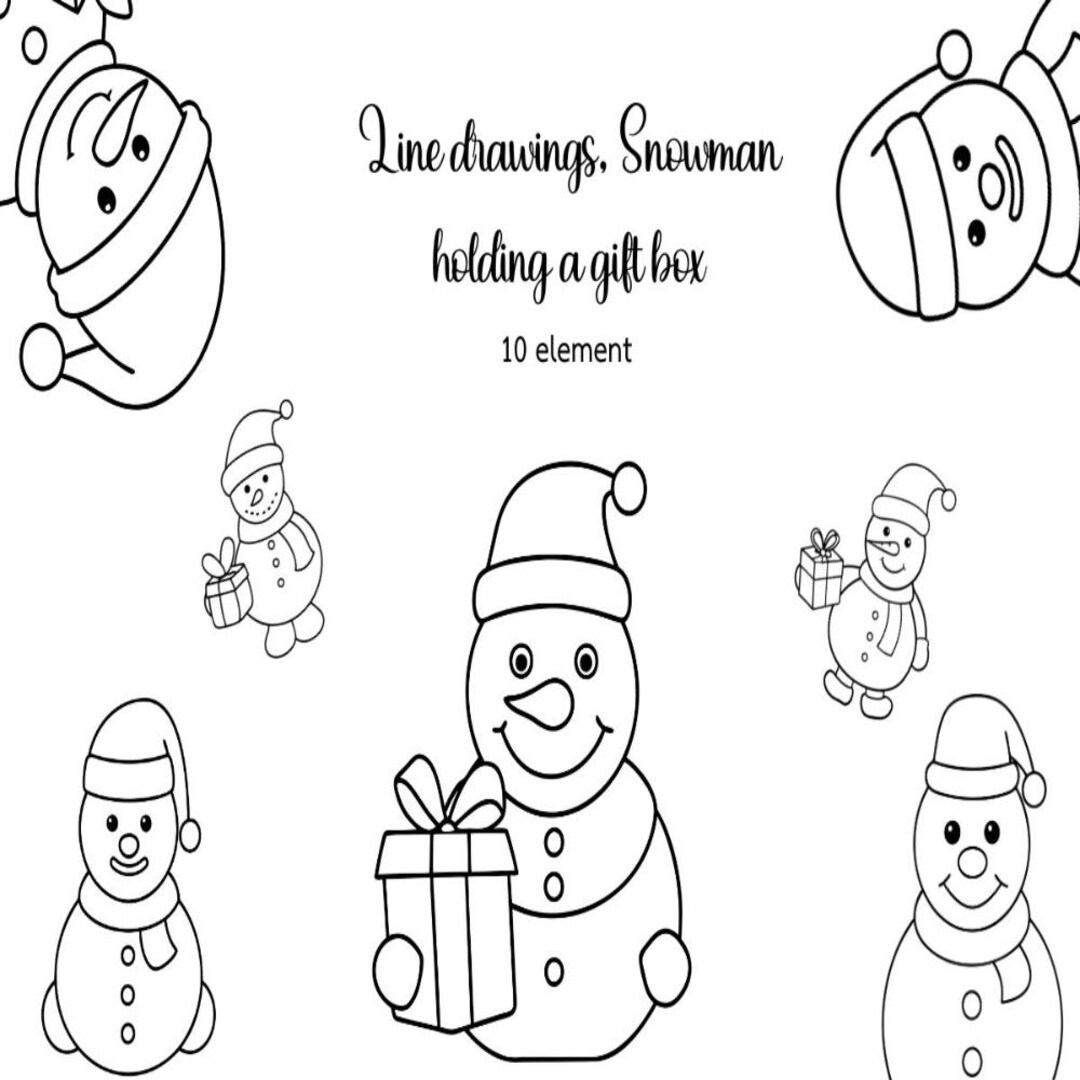 Snowman Line Drawing Set: Gift Box Clipart (PNG, SVG, EPS) - Etsy