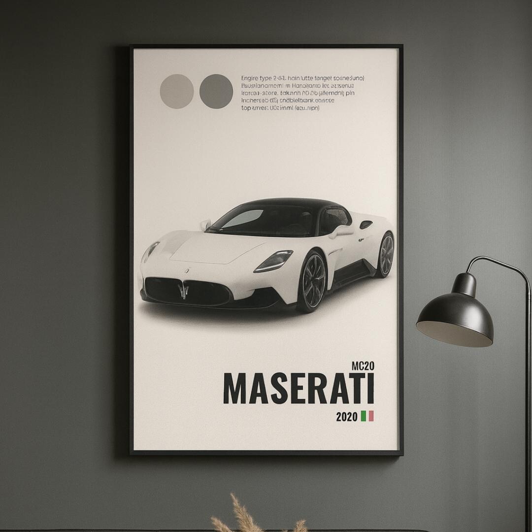 Maserati MC20 Poster 2020 Supercar Art Print White Nettuno V6 Hypercar ...