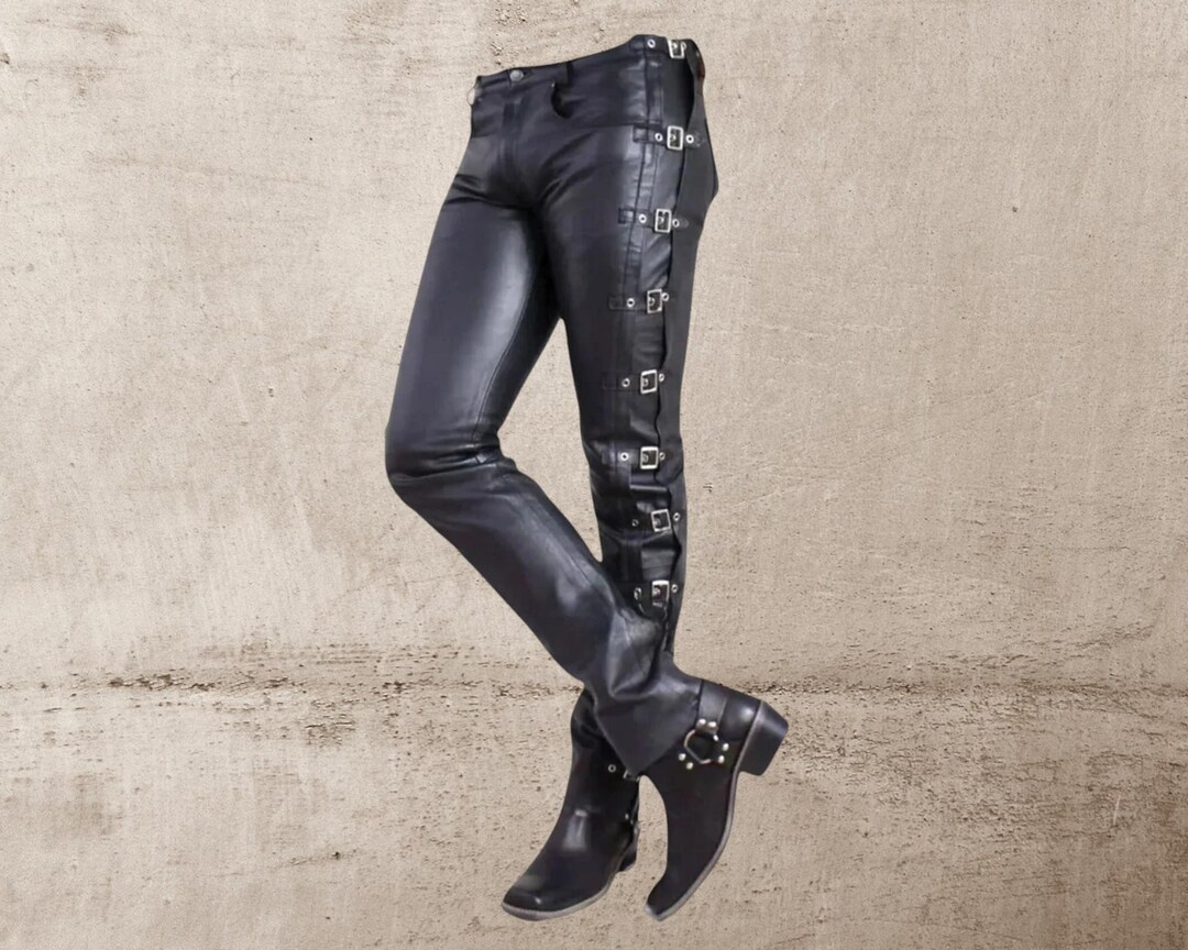 Men Genuine Leather Side Buckle Pants, Men Black Leather Biker Pants ...