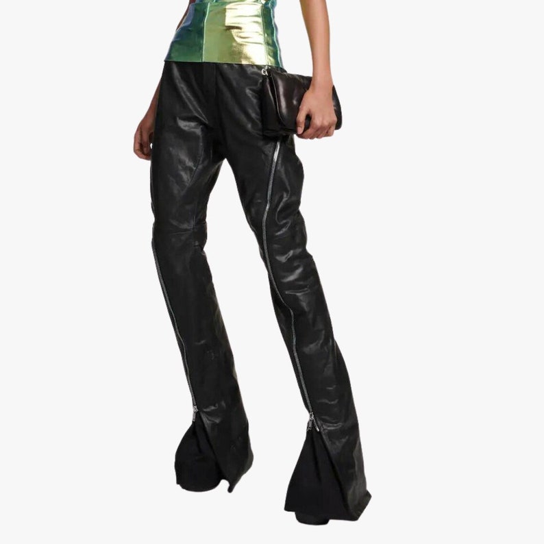 Ladies Stylish Steampunk Black Leather Pants, Wide Leg Flapper Leather ...
