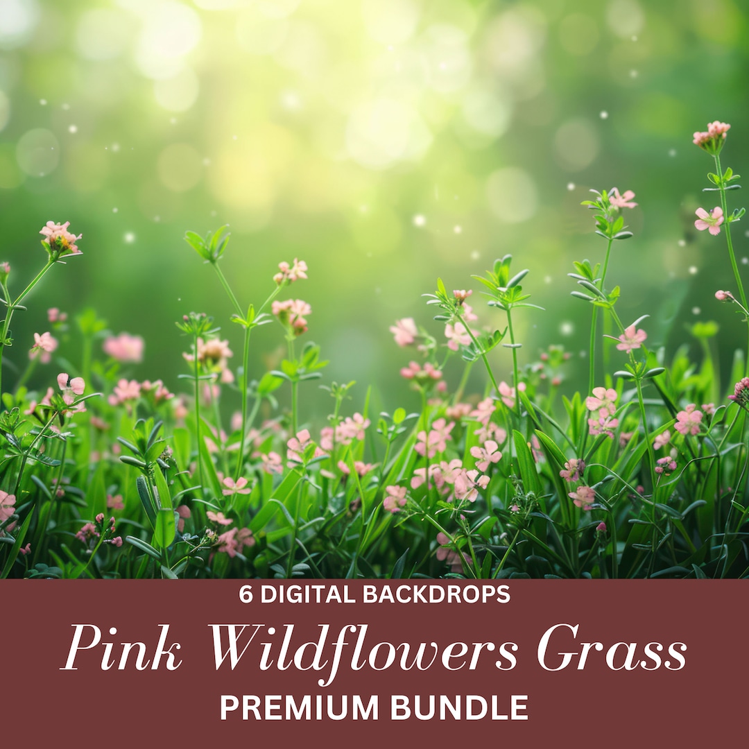6 Green Grass Wildflowers Digital Backdrop, Pink Flower Field ...