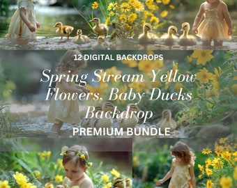 Spring Ducklings Stream Digital Backdrop, Creek, Yellow Flowers, Baby ...