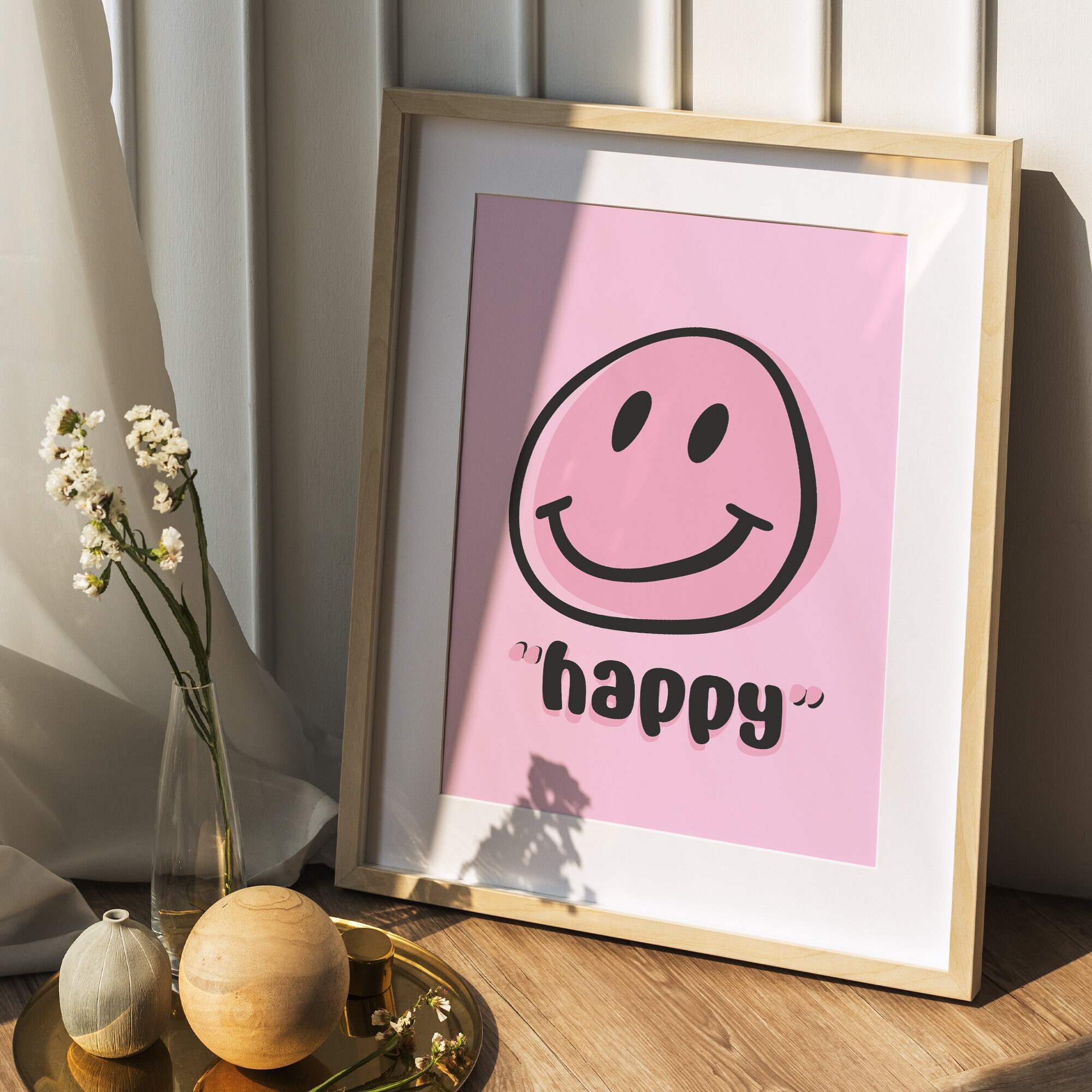 Smile Face Poster, Trendy Aesthetic Room Decor, Pink Wall Art Print ...