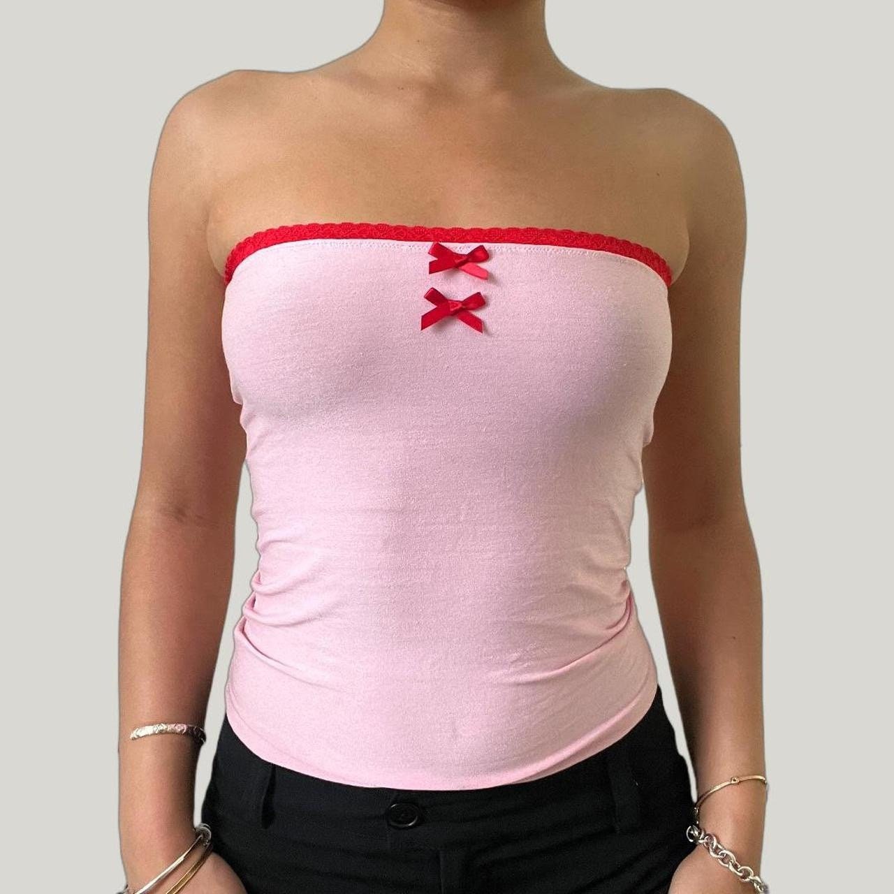 Greedy Coquette Lace Tube Top With Bows In Pink And Red Lana Del Rey Bandeau Top Y2k Top Etsy