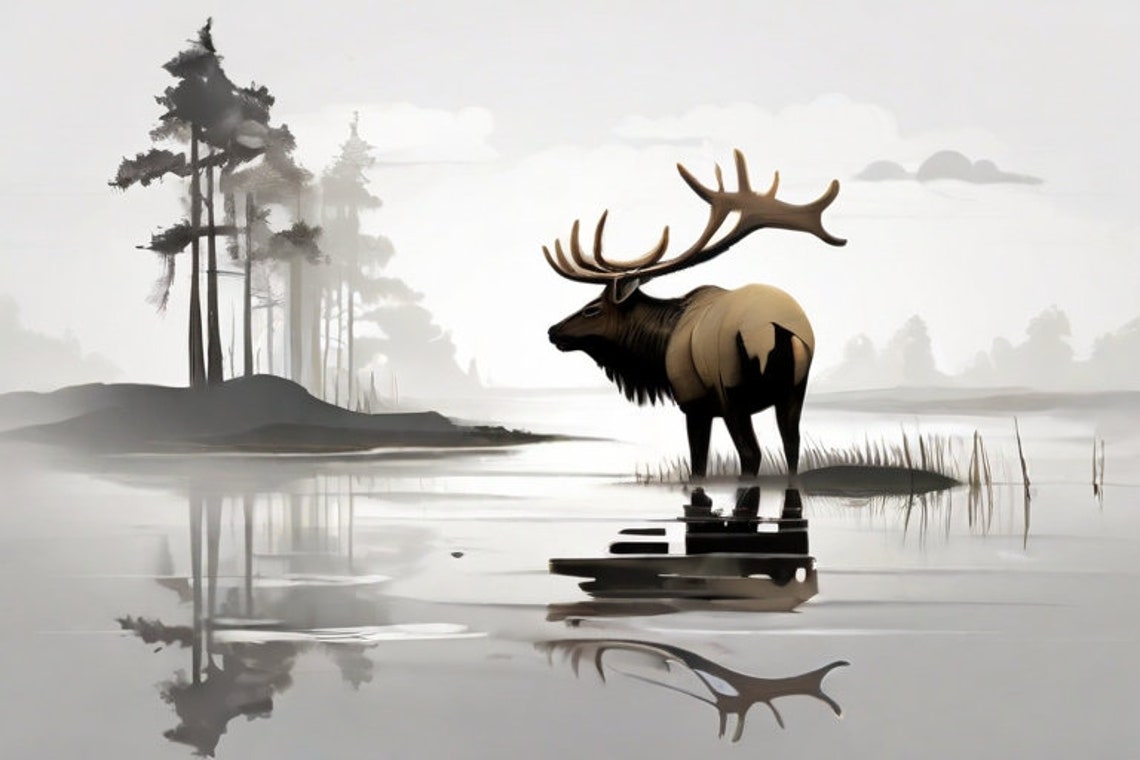 Elk in Swamp Digital Art Print, Wildlife Wall Decor - Etsy