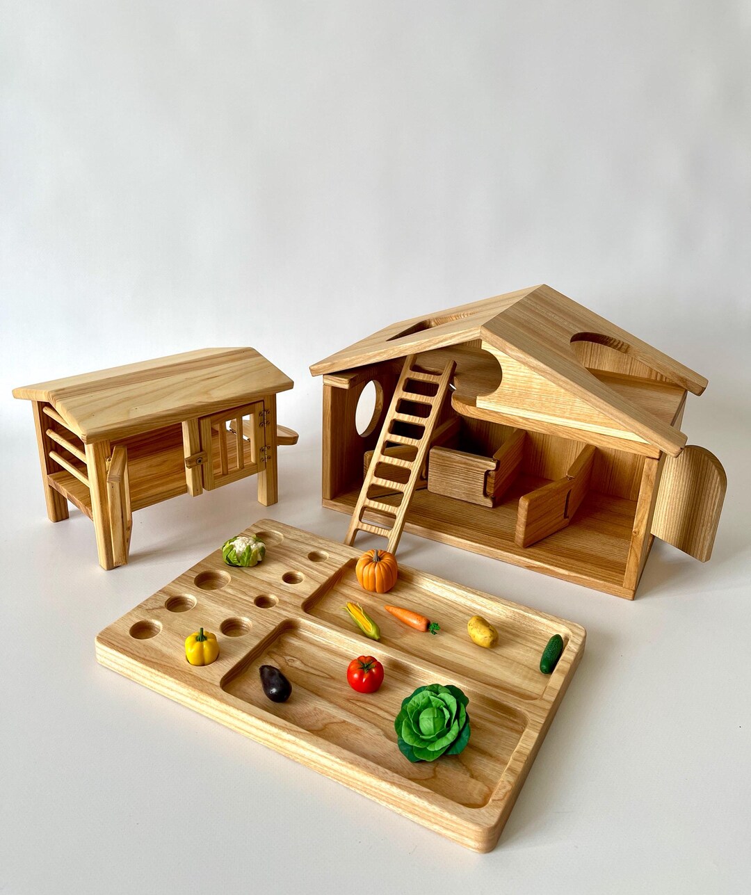 Wooden Farm Playset,montessori & Waldorf Inspired,handmade Natural Toy ...