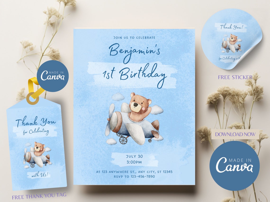 Editable Blue Bear Birthday Party Invitation Template, Bear Birthday ...