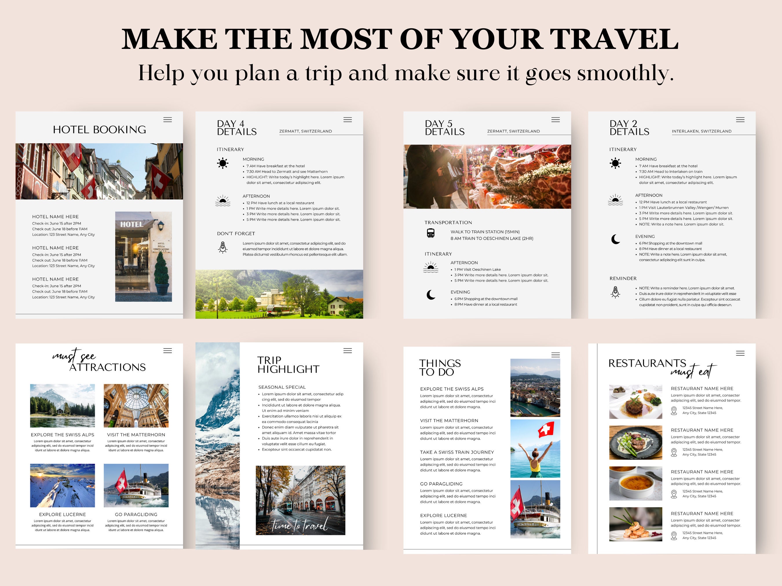 Switzerland Editable Travel Itinerary Template, Trip Itinerary ...