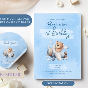 Editable Blue Bear Birthday Party Invitation Template, Bear Birthday ...
