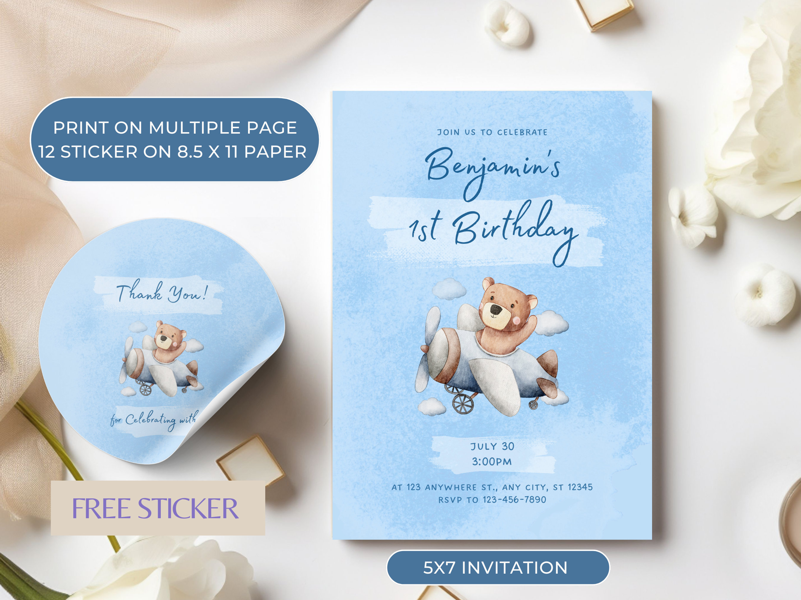Editable Blue Bear Birthday Party Invitation Template, Bear Birthday ...