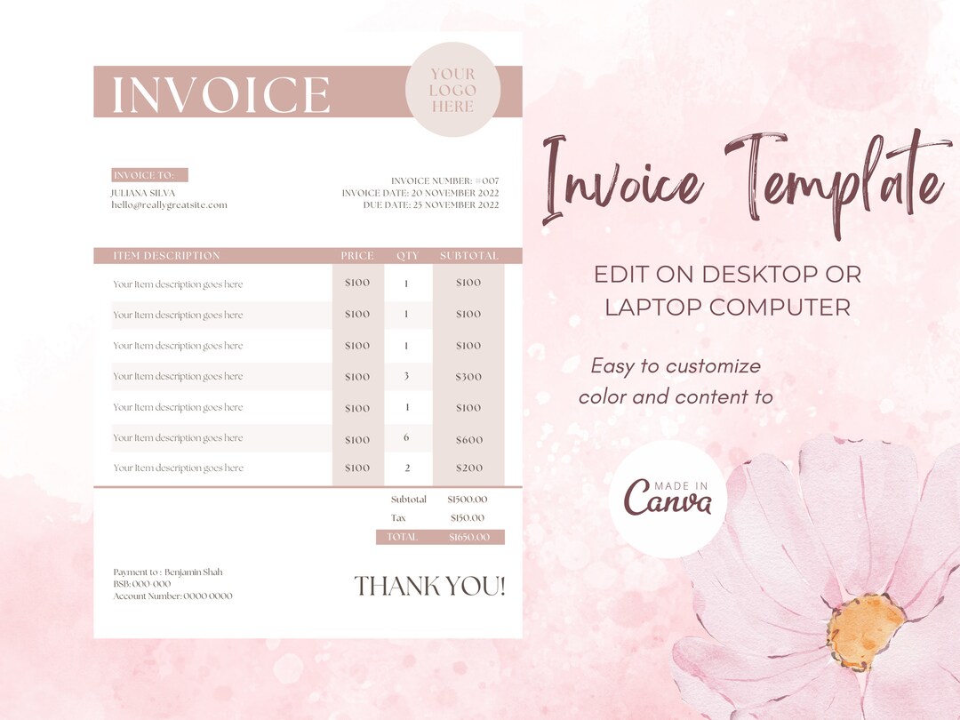 Invoice Template Editable, Small Business Custom Orderform Printable ...