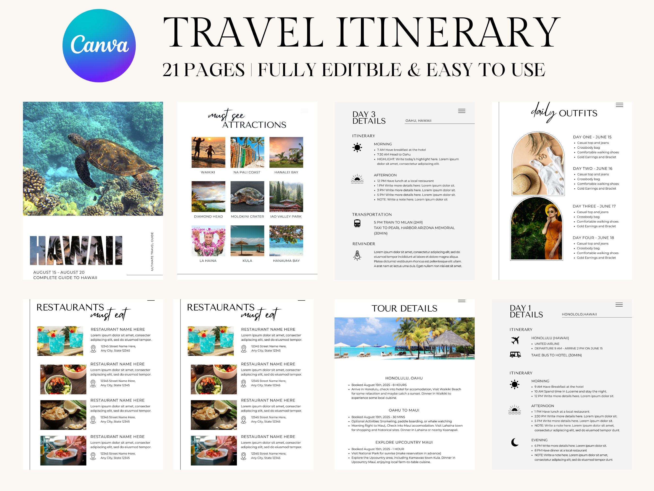 Hawaii Travel Itinerary Template, Trip Itinerary, Printable Travel Guide, Travel Agent Planner ...