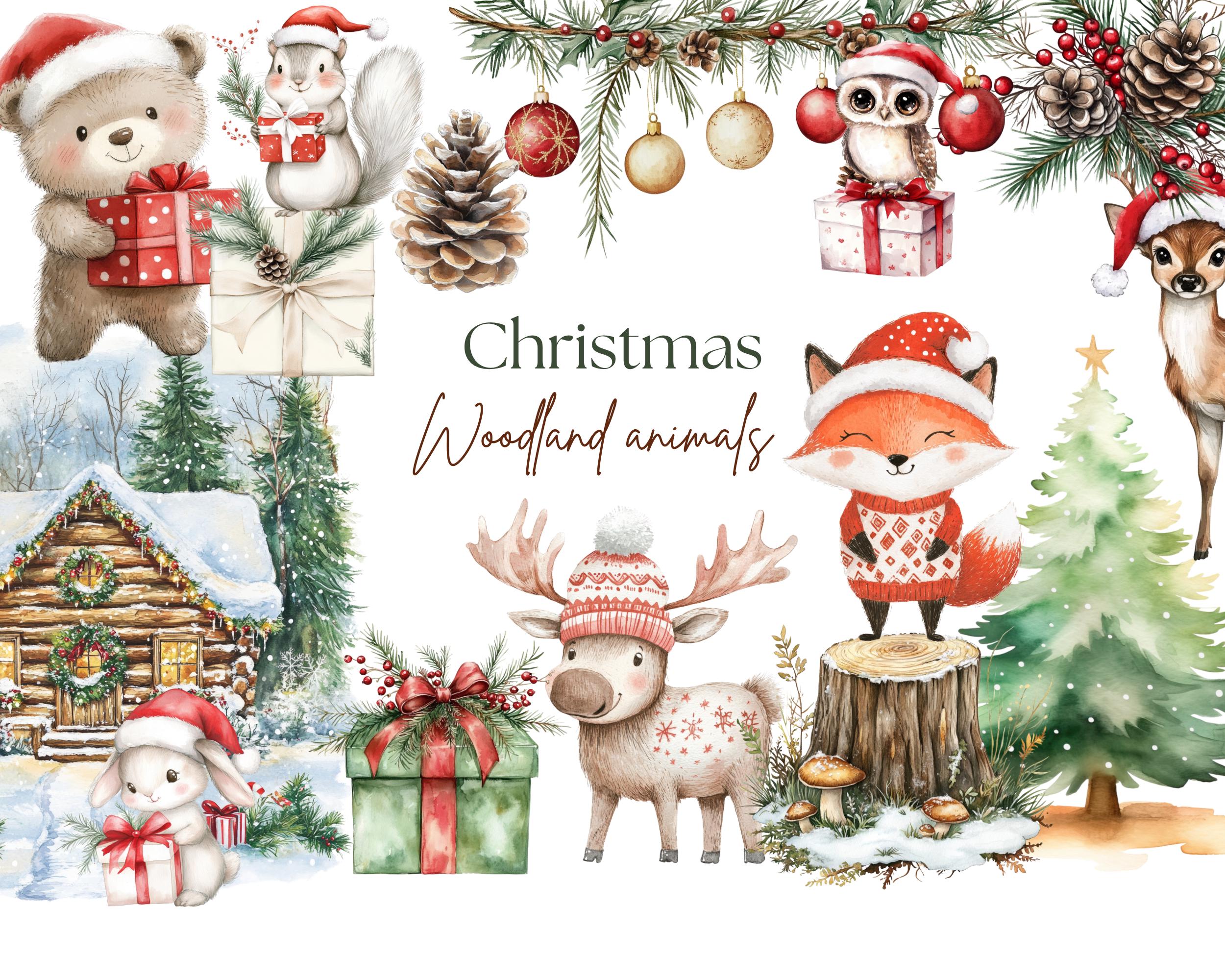 Woodland Christmas Clipart Bundle, Watercolor Christmas Animals Clipart ...