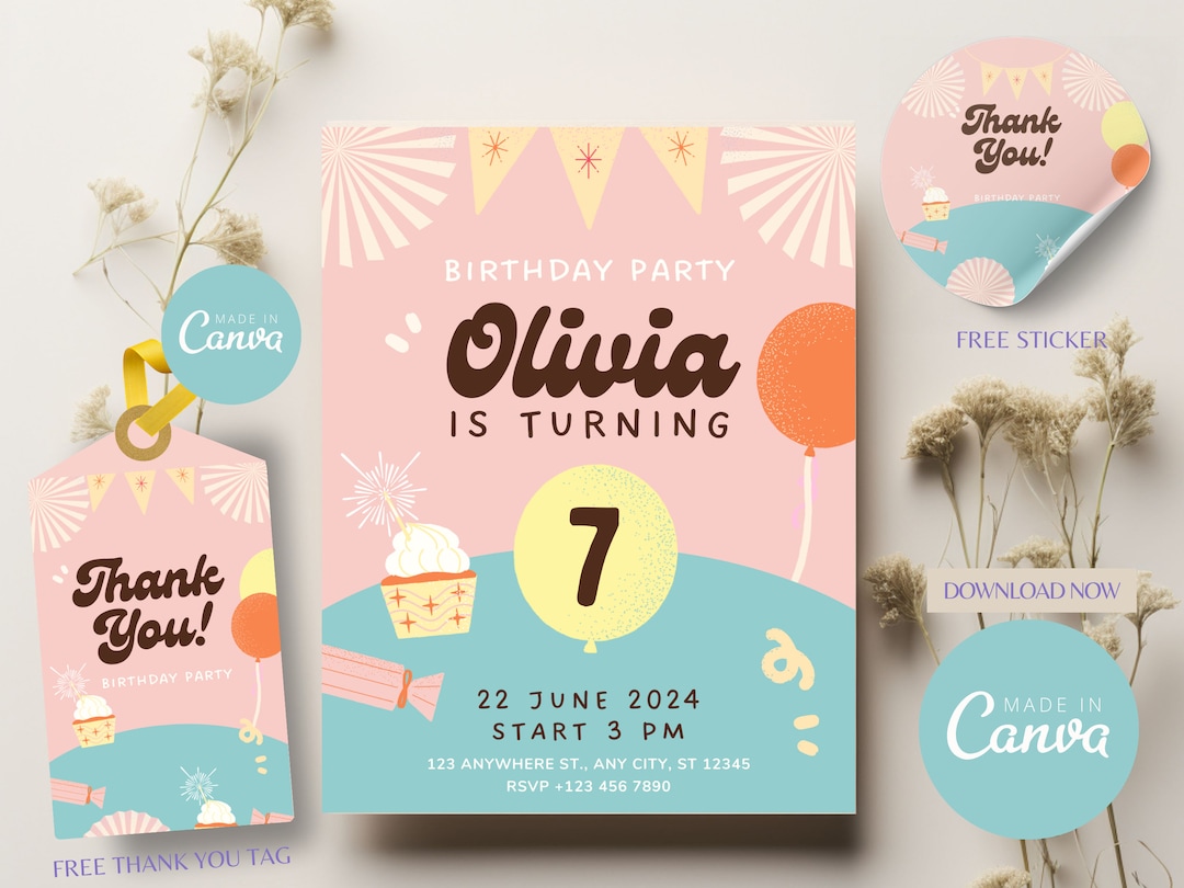 Pastel 7th Birthday Invitation, Pastel Rainbow Birthday Invite, 7th ...