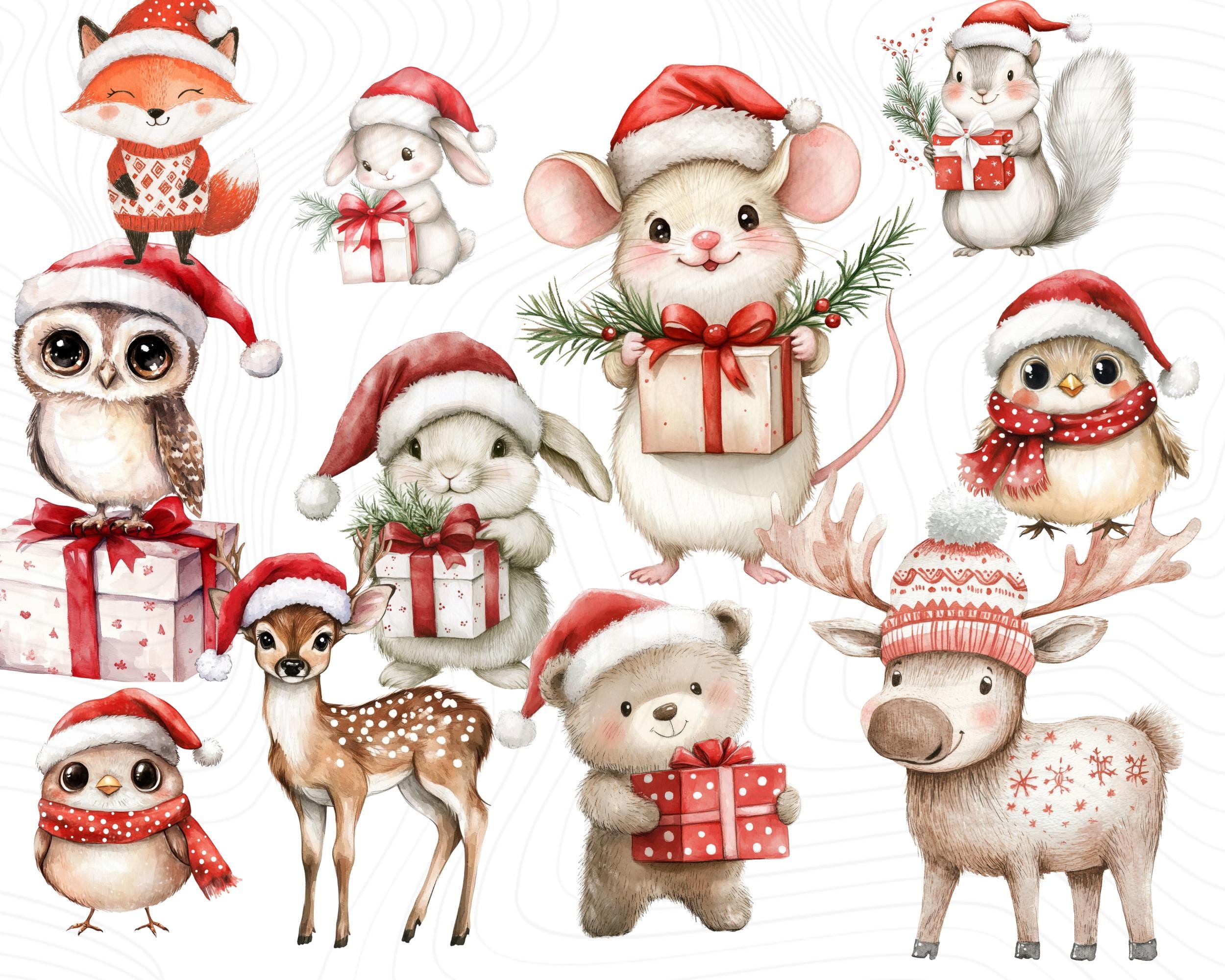 Woodland Christmas Clipart Bundle, Watercolor Christmas Animals Clipart ...