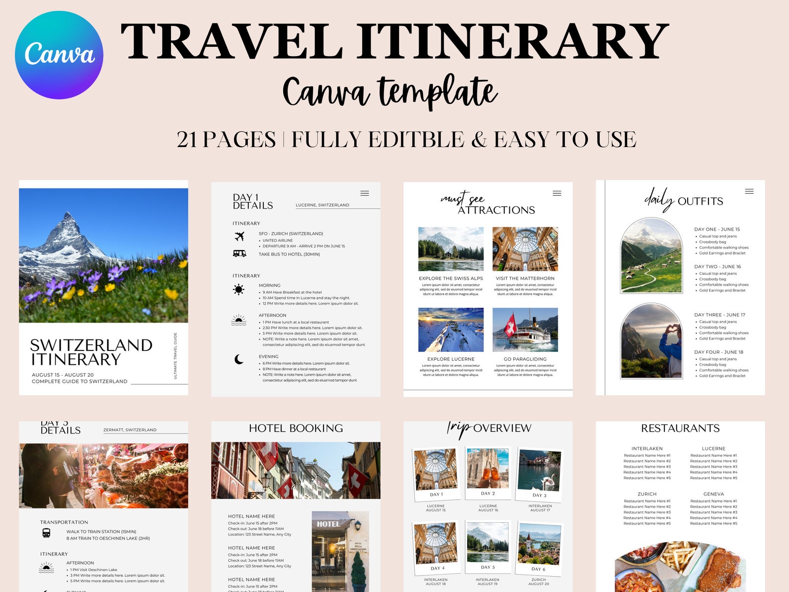 Switzerland Editable Travel Itinerary Template, Trip Itinerary ...
