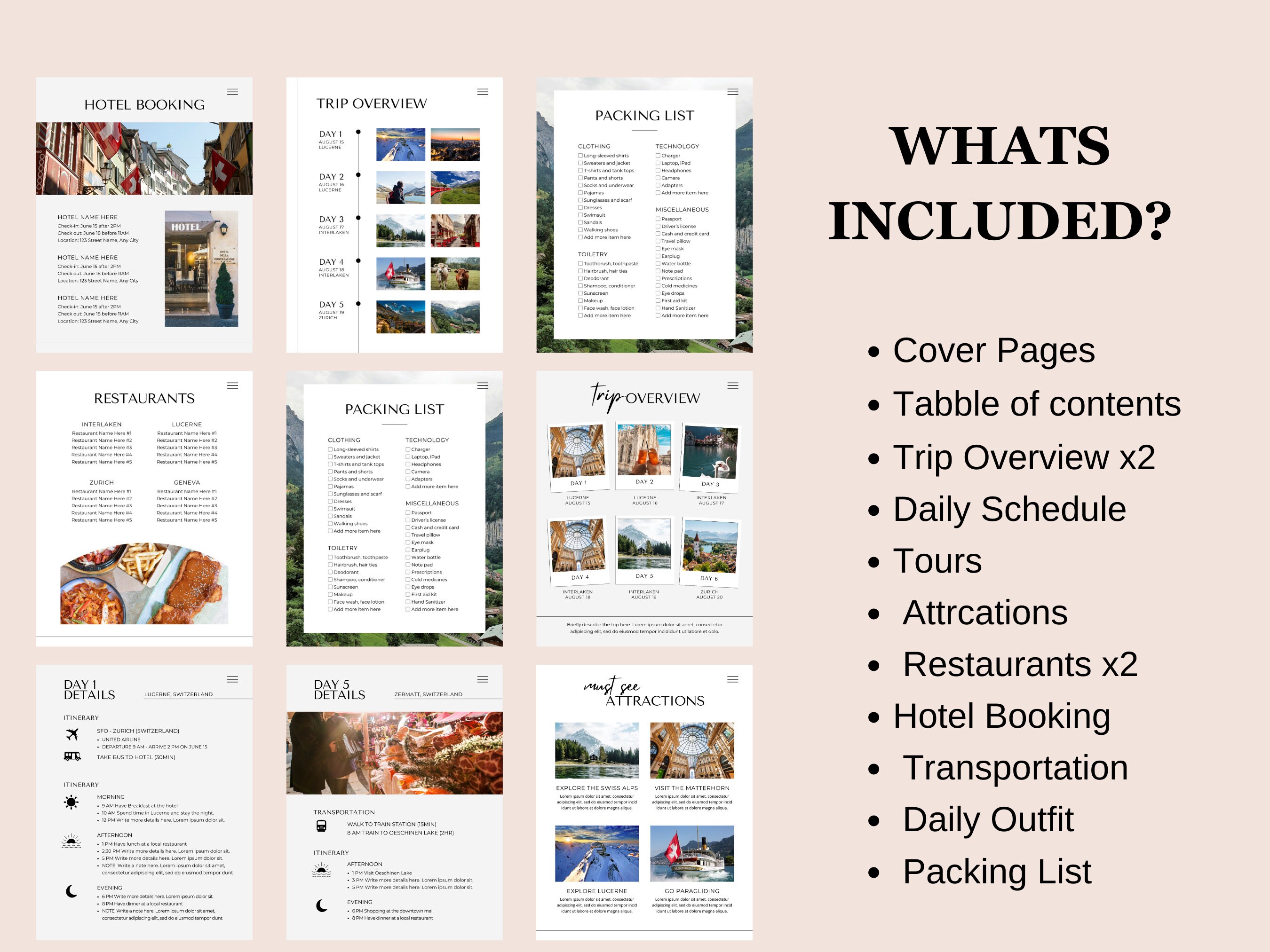 Switzerland Editable Travel Itinerary Template, Trip Itinerary ...