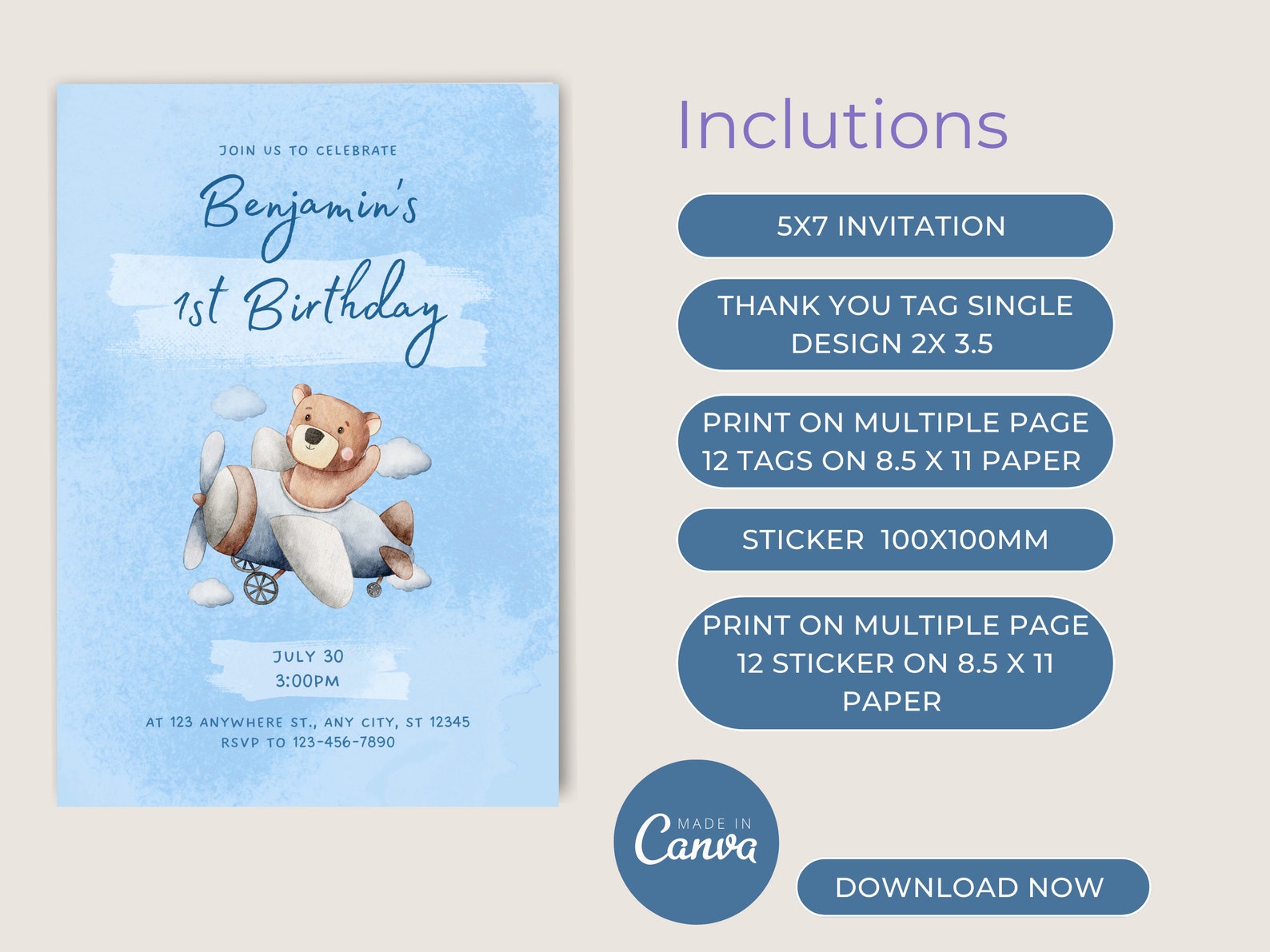 Editable Blue Bear Birthday Party Invitation Template, Bear Birthday ...