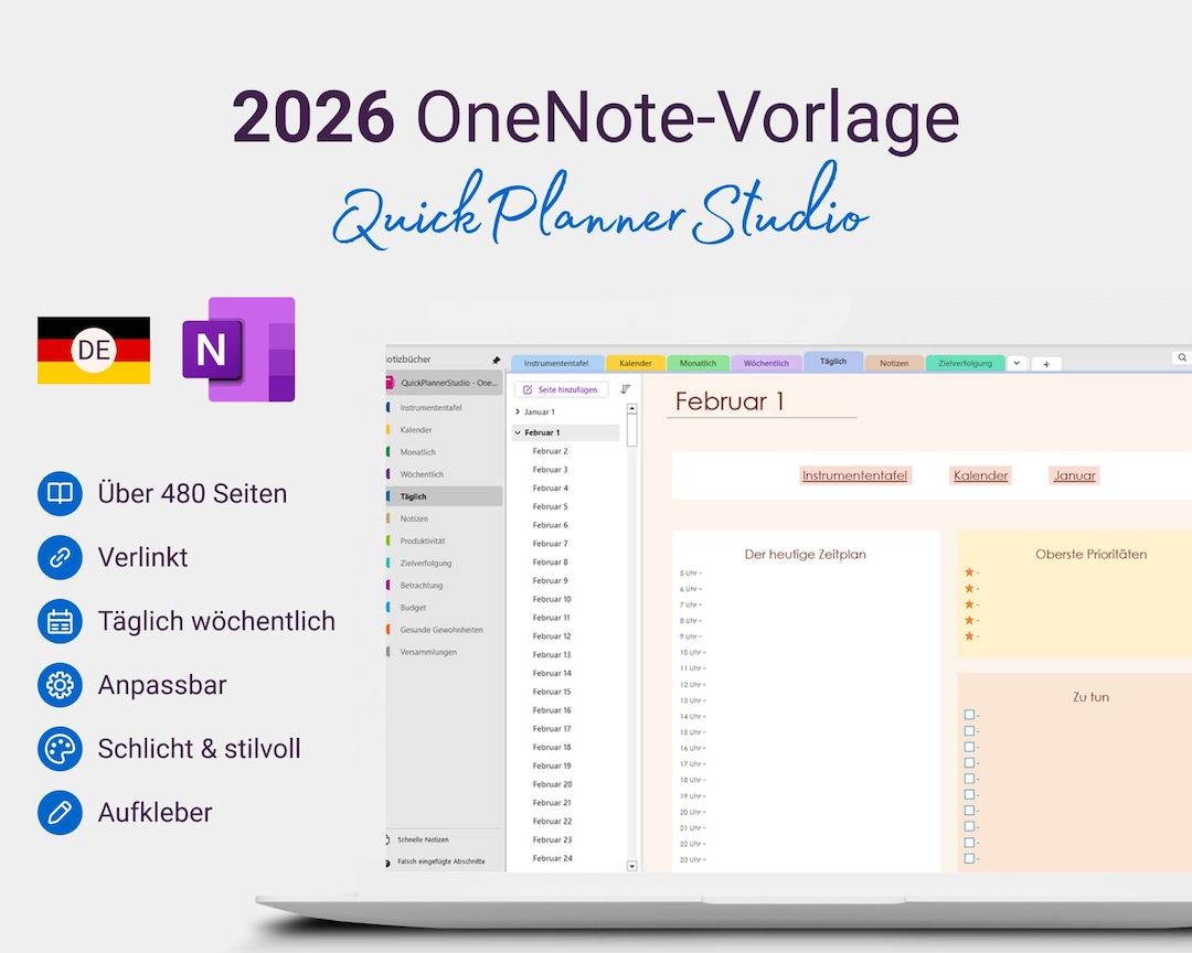 2026 Onenote Digitaler Planer Deutsch - Vorlage Für Tägliche, Wöchentliche Und Monatliche ...
