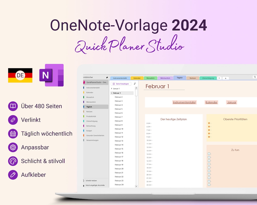 Onenote 2024 Digitaler Planer Deutsch vorlage Für Tägliche ...
