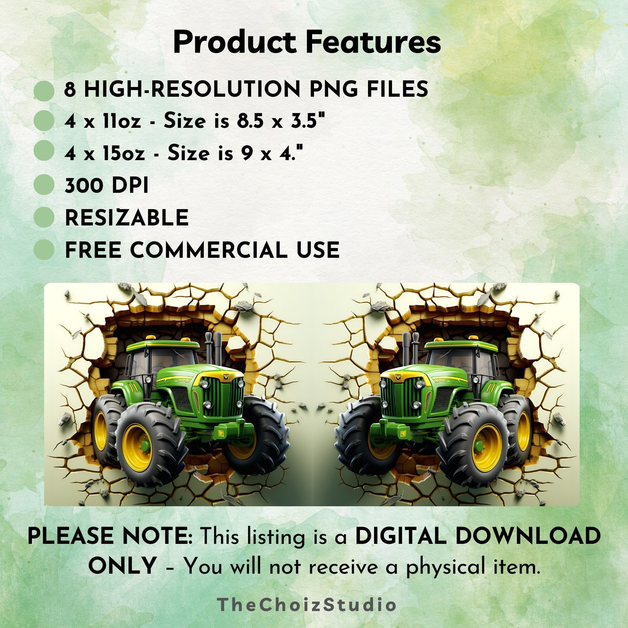 4 3D Green Tractor Hole in a Wall Mug Wrap PNG Kids Sublimation Mug ...