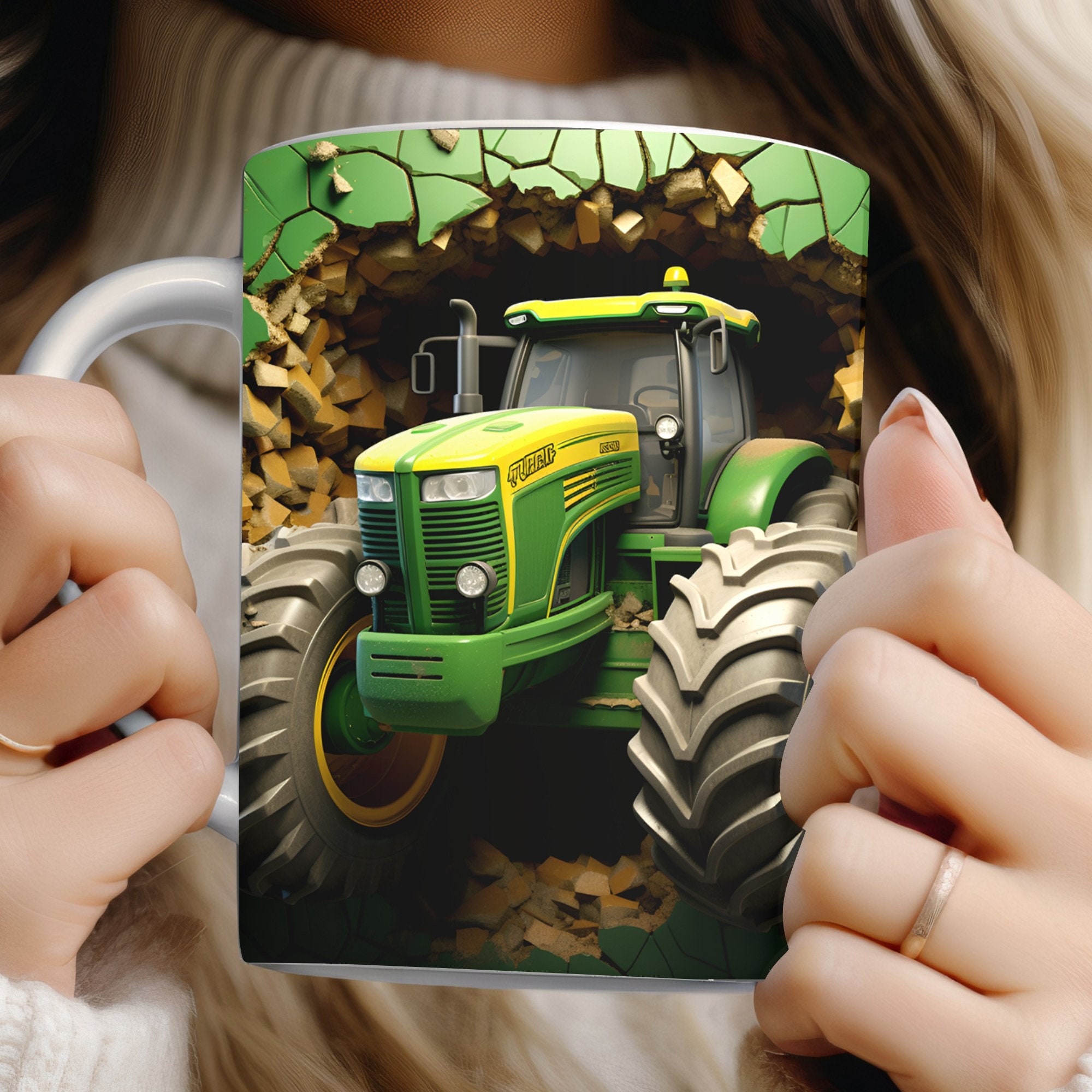 4 3D Green Tractor Hole in a Wall Mug Wrap PNG Kids Sublimation Mug ...