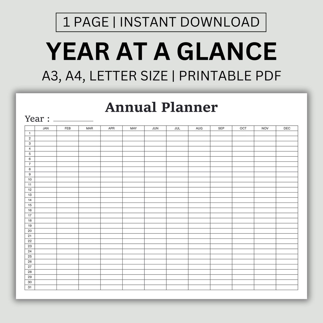 Year at a Glance, Yearly Planner Inserts Printable, Annual Planner ...