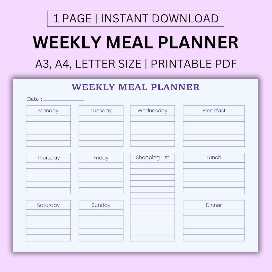 Weekly Meal Planner, Printable Weekly Meal Planner Landscape, Food ...