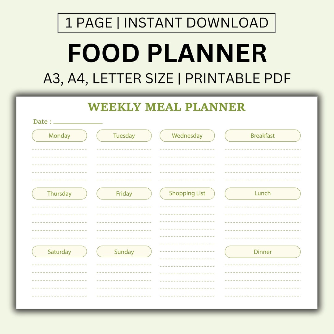 Food Planner, Printable Weekly Meal Planner Landscape, 7 Day Menu ...