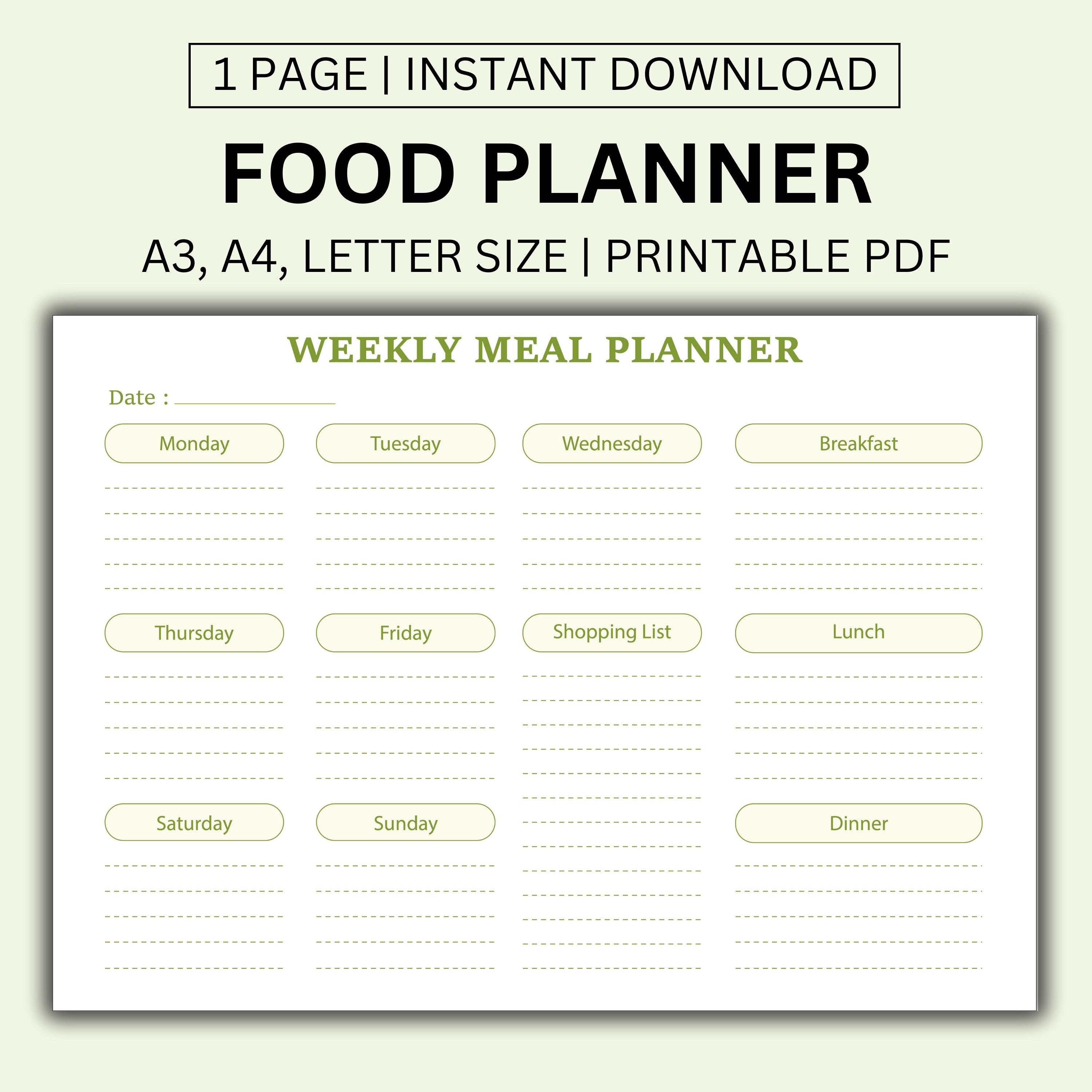 Food Planner, Printable Weekly Meal Planner Landscape, 7 Day Menu ...