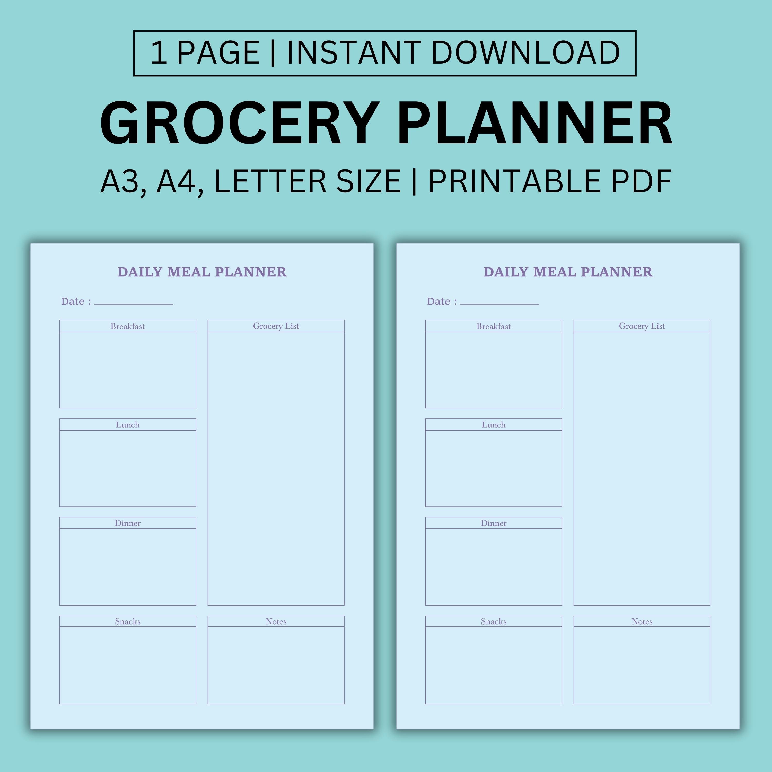 Grocery Planner, Printable Weekly Meal Planner Landscape, Food Diary ...