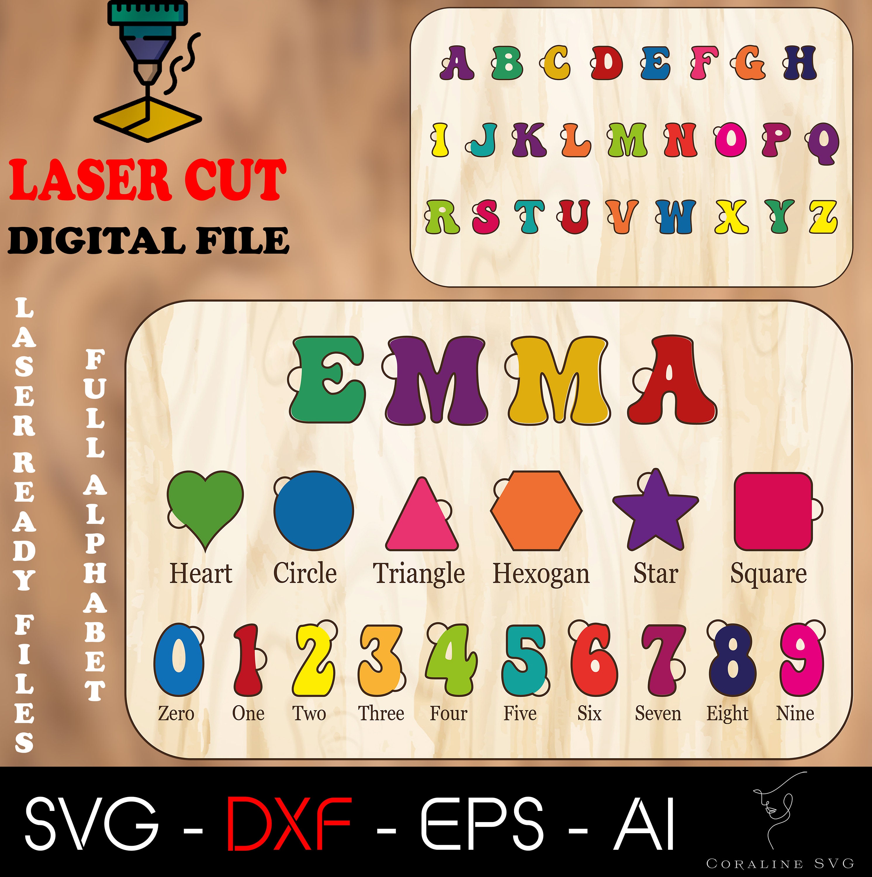 Laser Cut Name Puzzle SVG: Numbers & Shapes Puzzle Template (digital ...