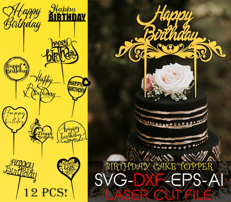 Paquete SVG de adornos para tarta de feliz cumpleaños: archivos ...