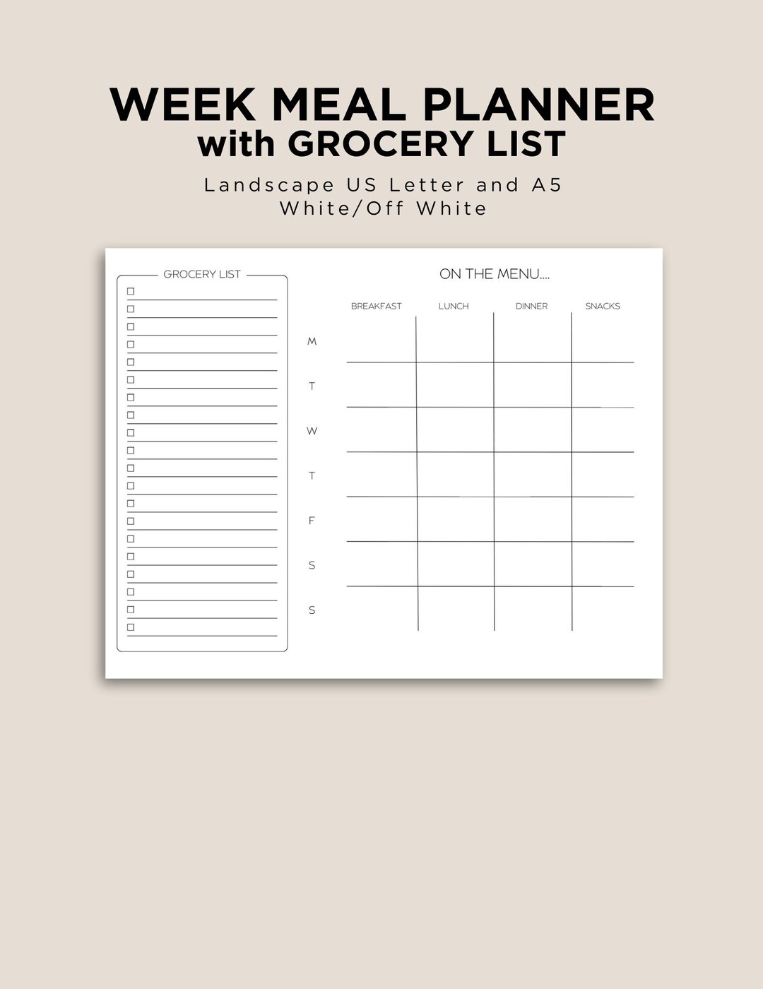 Minimalist Simple Digital Weekly Meal Planner and Grocery List ...