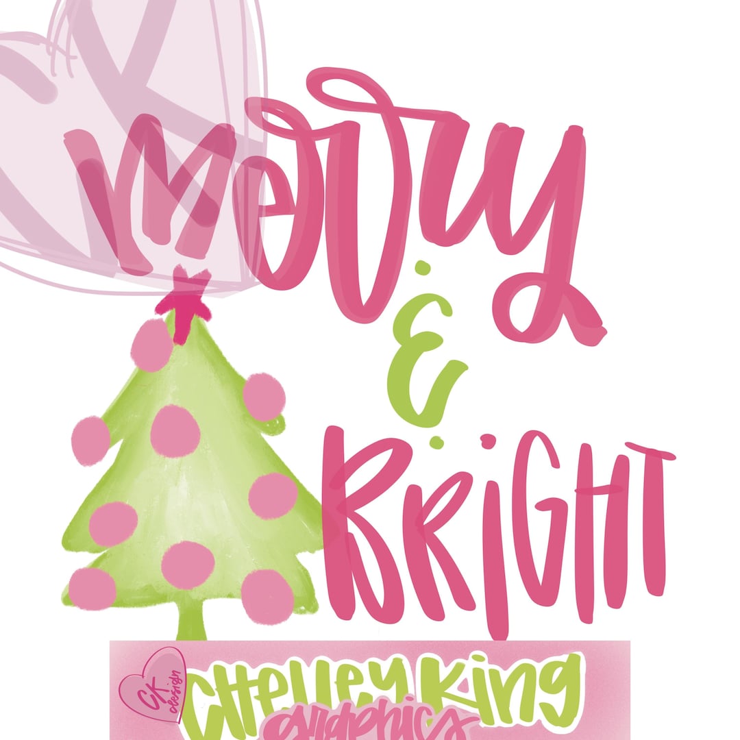 Merry and Bright Christmas Tree Lime Pink Lettered Dtg Png Instant ...