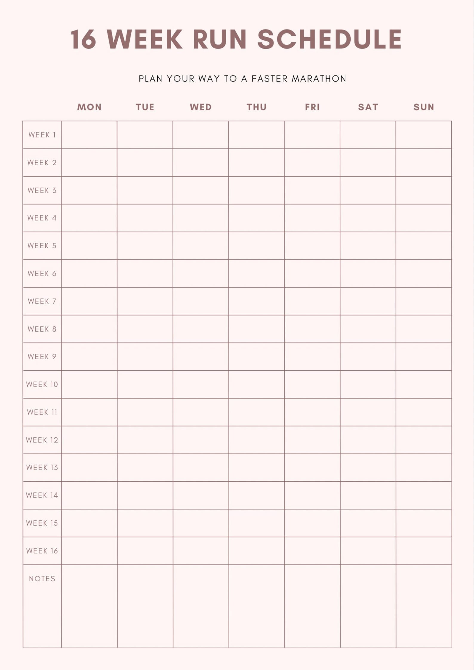 Printable 16 Week Marathon Plan Template - Etsy