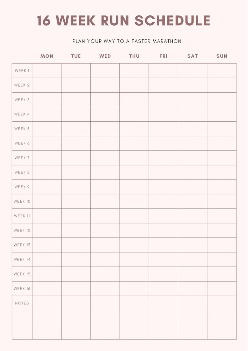 Printable 16 Week Marathon Plan Template - Etsy