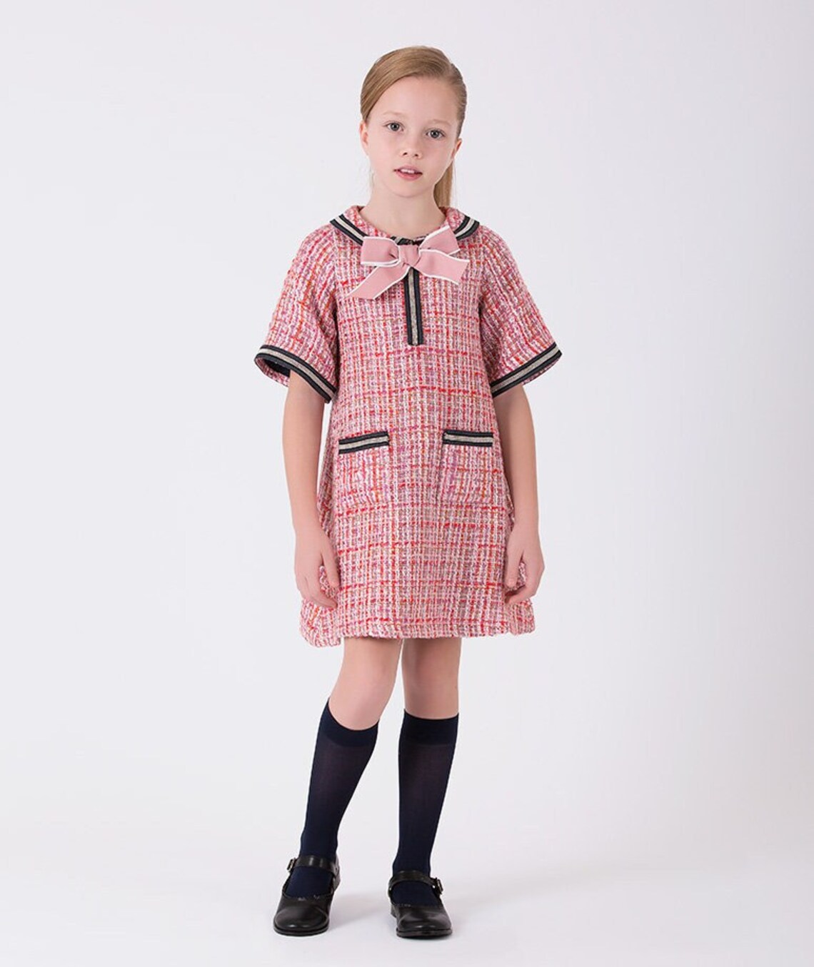 Girl's Pink Tweed Dress With Tiny Bow Collar and Garnish - Etsy