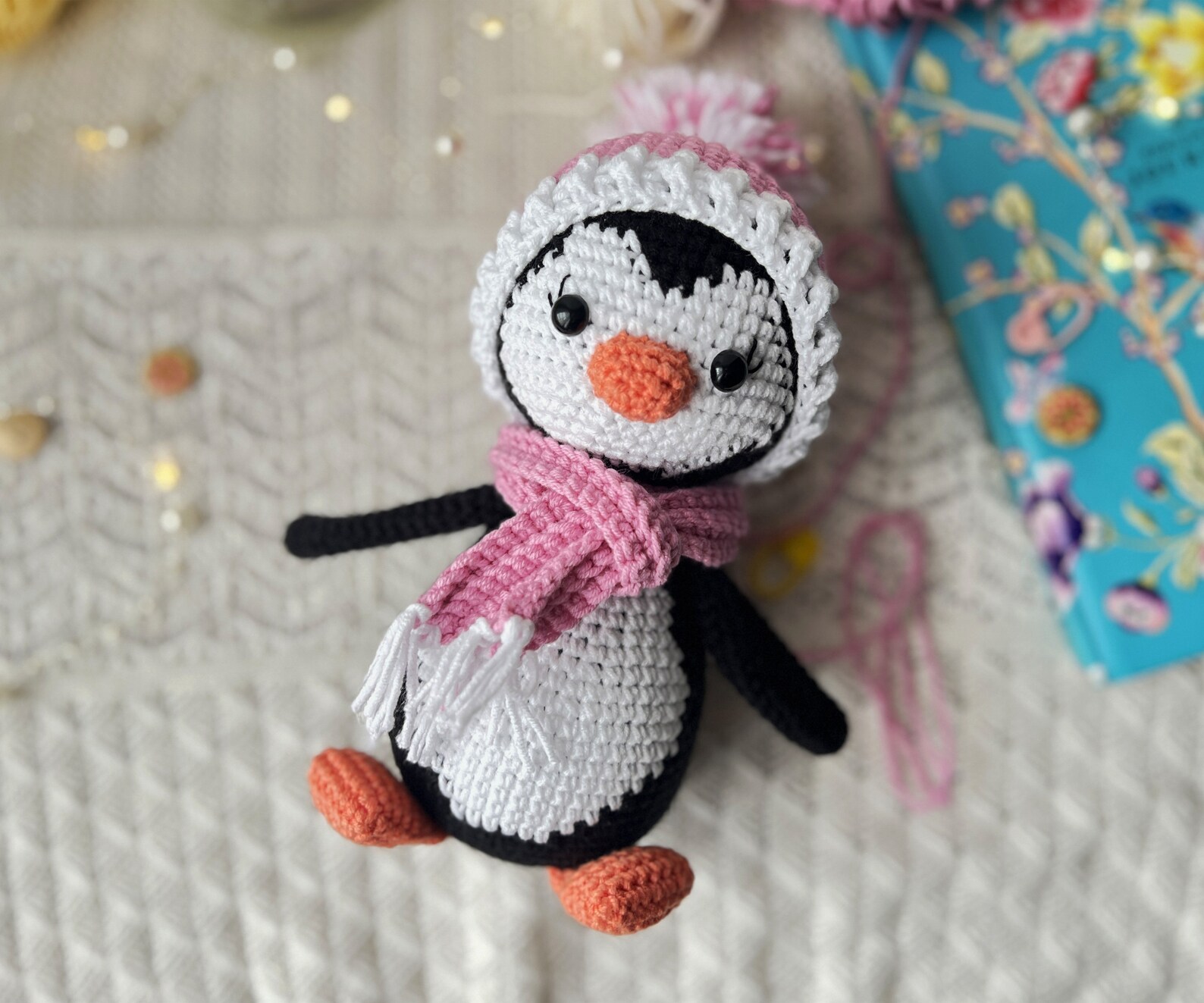 Birthday Gift Stuffed Penguin Toy in Pink Hat Handmade Soft Animal Toy ...