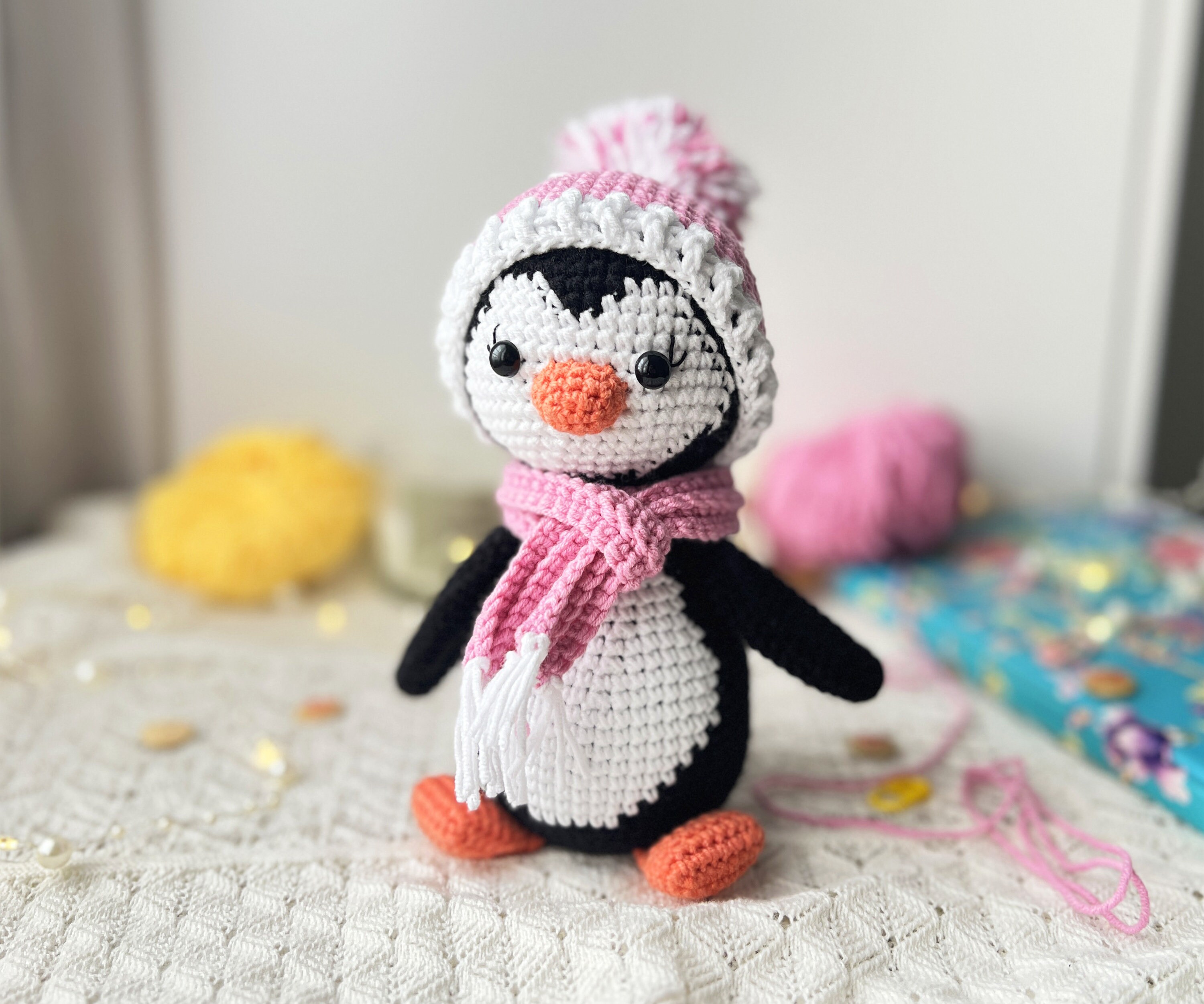 Birthday Gift Stuffed Penguin Toy in Pink Hat Handmade Soft Animal Toy ...