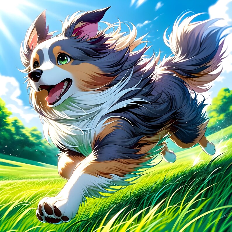 Australian Shepherd in Motion Anime Style - Vibrant Meadow Dash Art ...