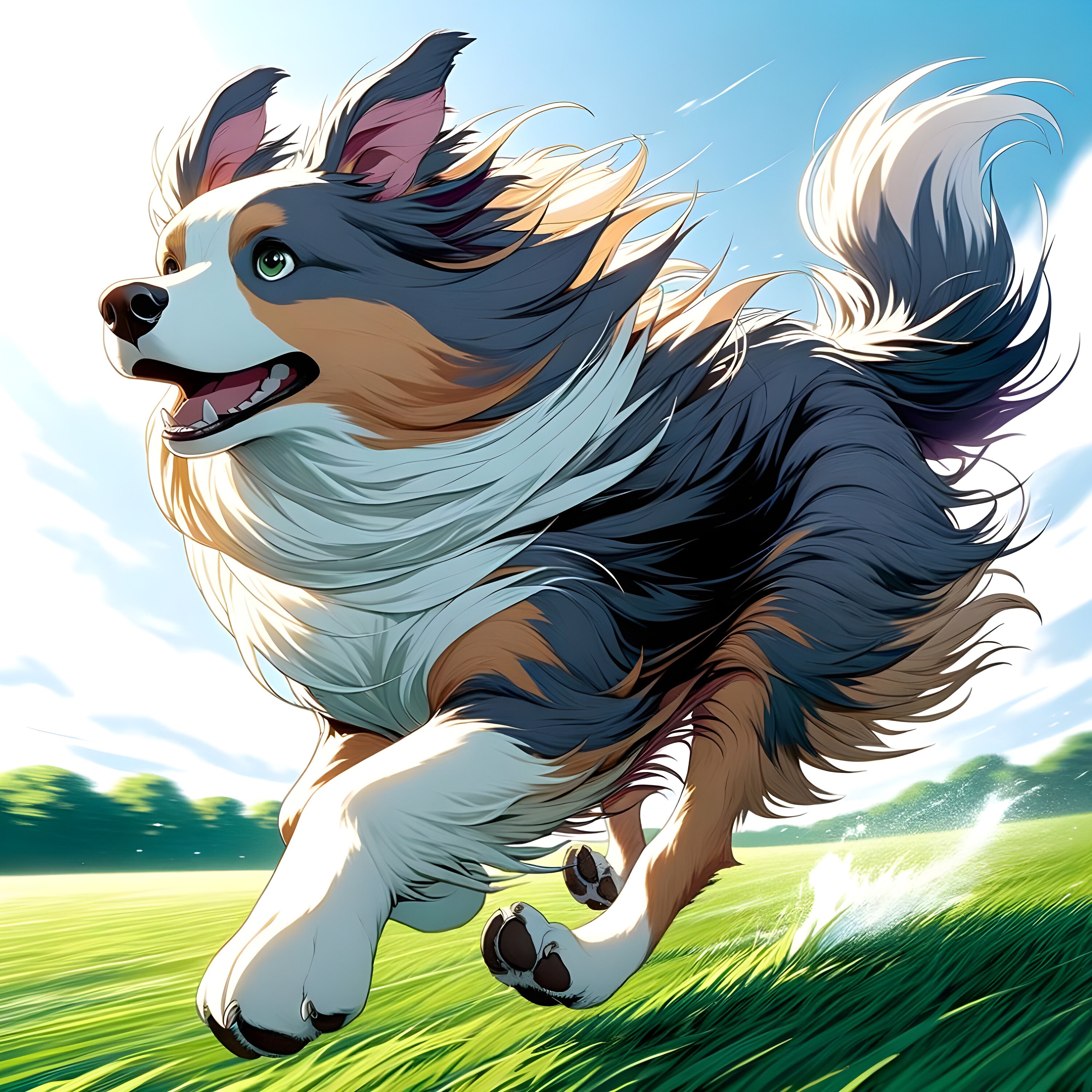 Australian Shepherd in Motion Anime Style - Vibrant Meadow Dash Art ...