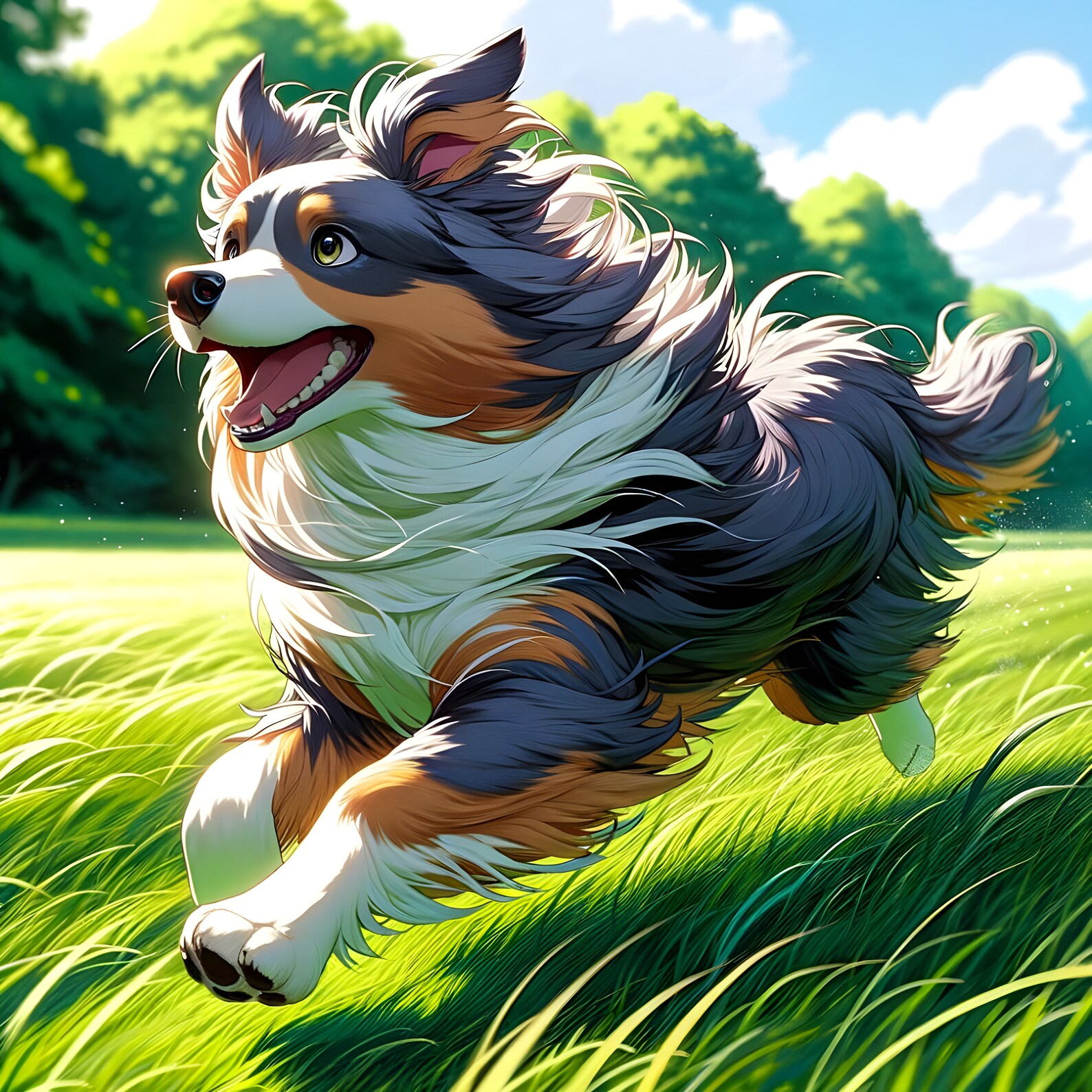 Australian Shepherd in Motion Anime Style - Vibrant Meadow Dash Art ...