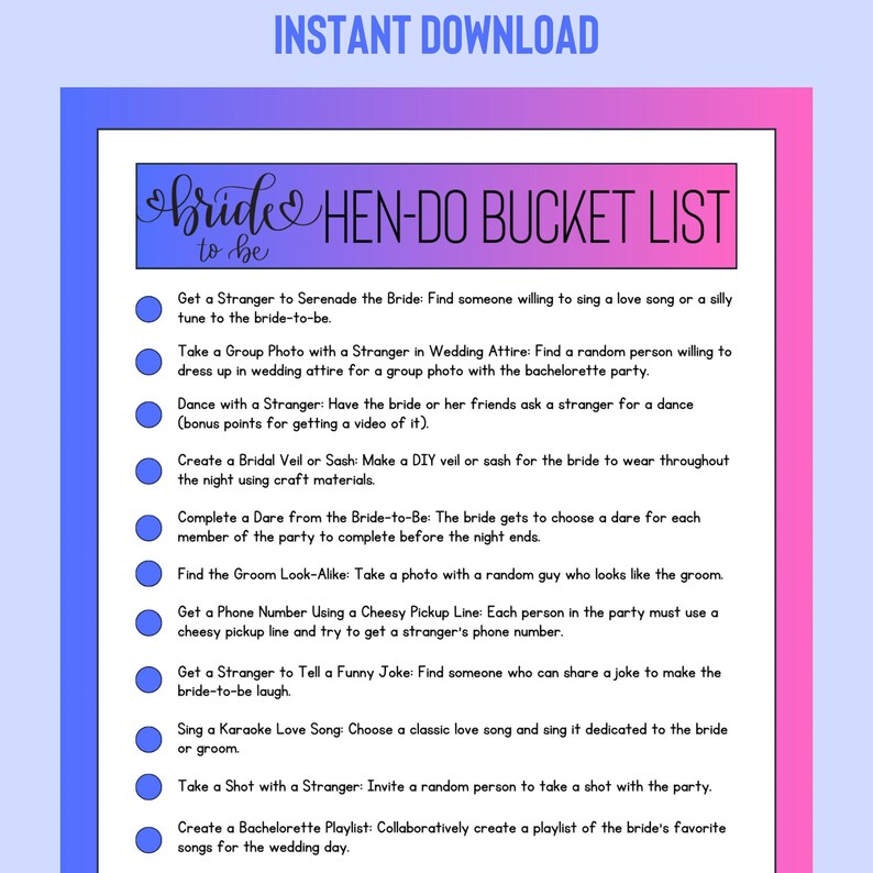 Ultimate Bachelorette Bucket List: Printable Check List Games for ...