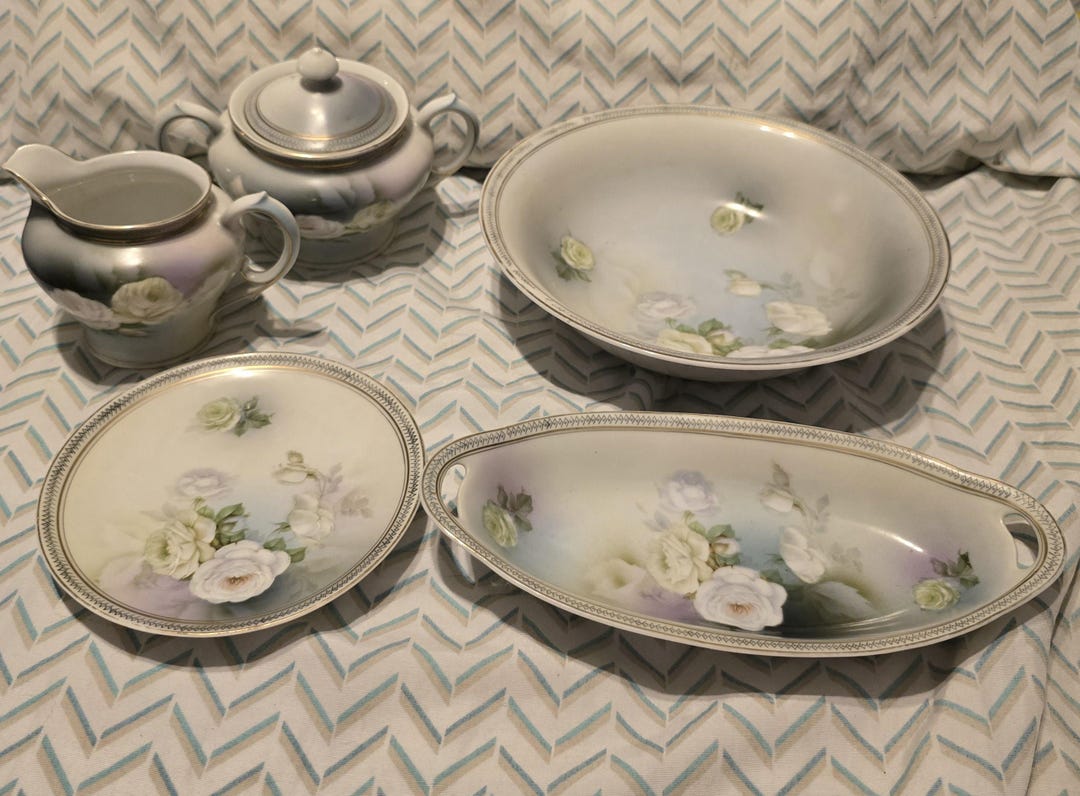 Vintage German Dishware With White Roses - Hand Painted - Etsy