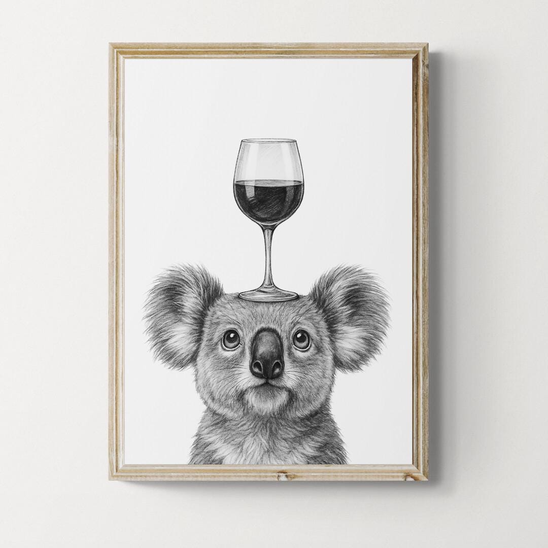 Koala Art Print, Funny Animal and Wine Drawing, Animal Lover Wall Decor ...