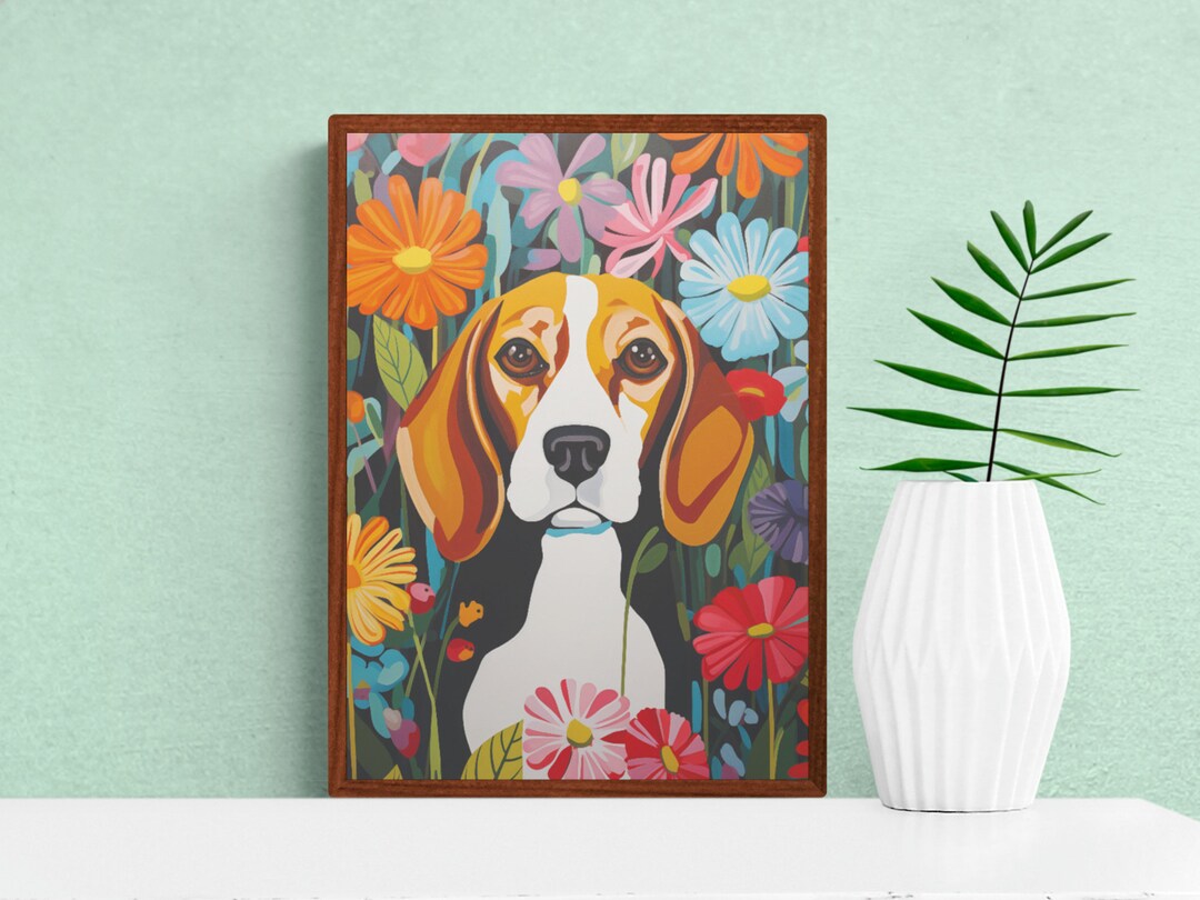 Beagle Dog Wall Art, Bold Whimsical Abstract Art, Colourful Flowers ...