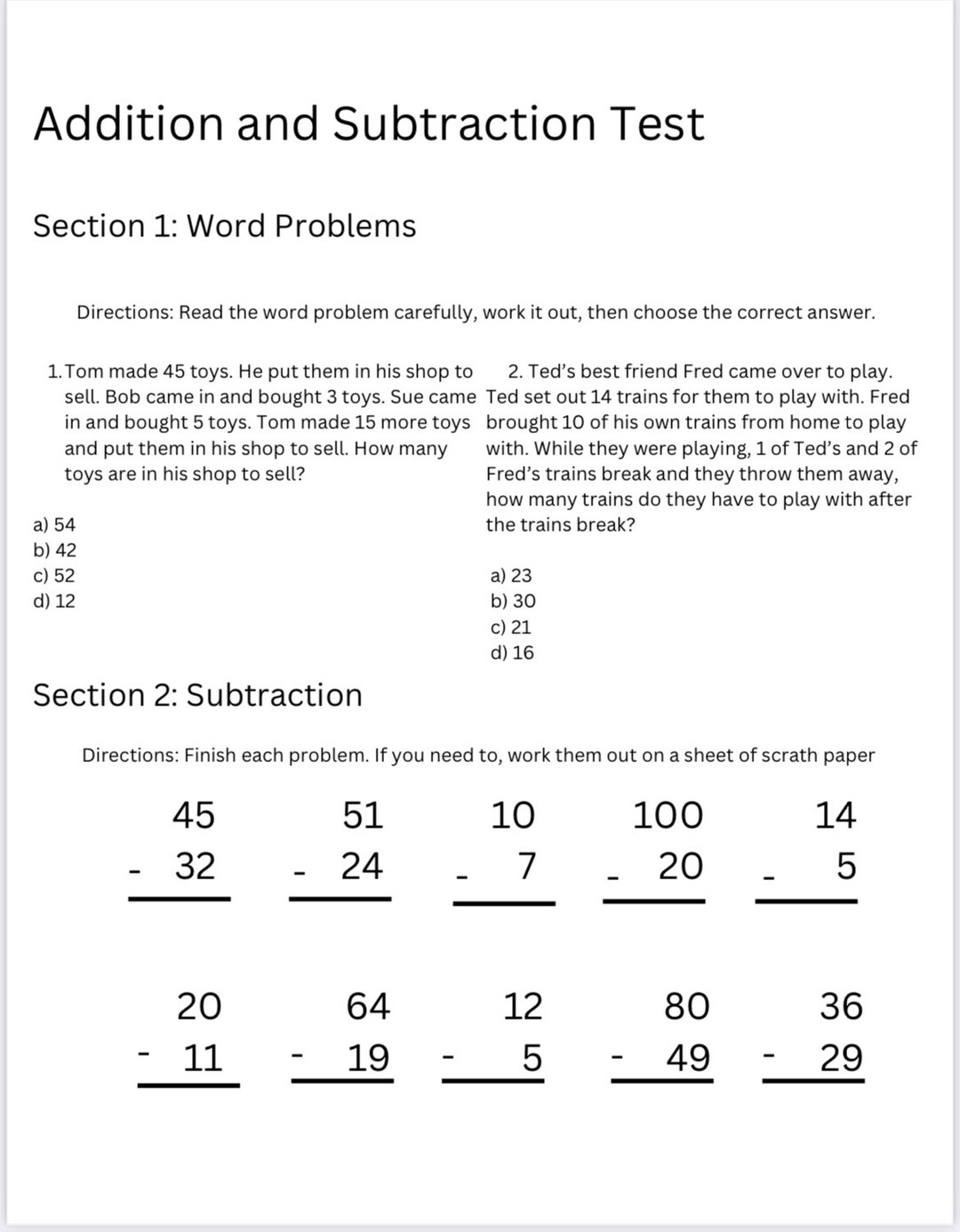 Simple Addition and Subtraction Test (2nd Grade) - Etsy