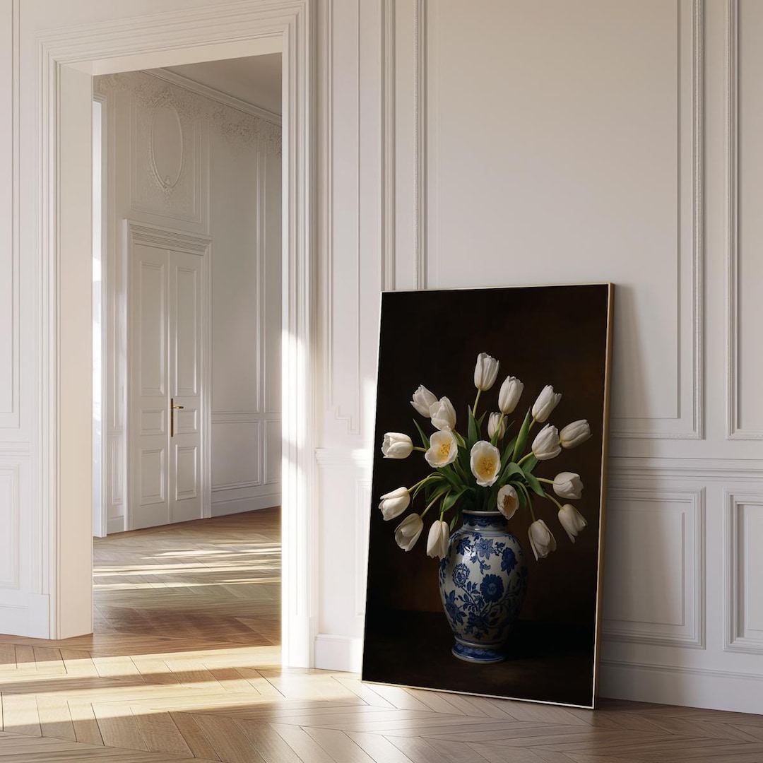 White Tulips in Delft Blue Artwork Printable Wall Art Digital Download ...