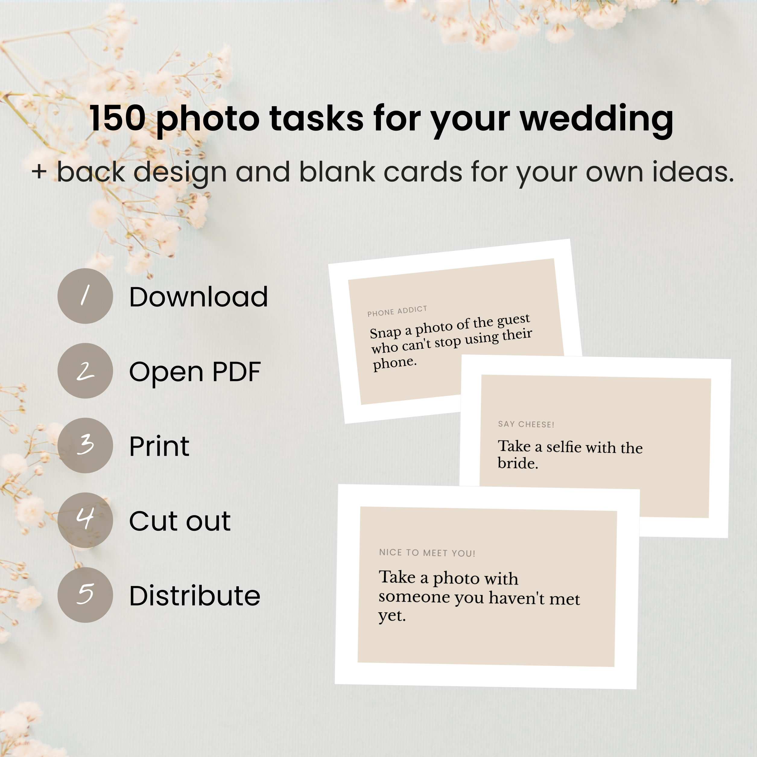 150 Wedding Photo Tasks in English With Back Design + Blank Cards as ...